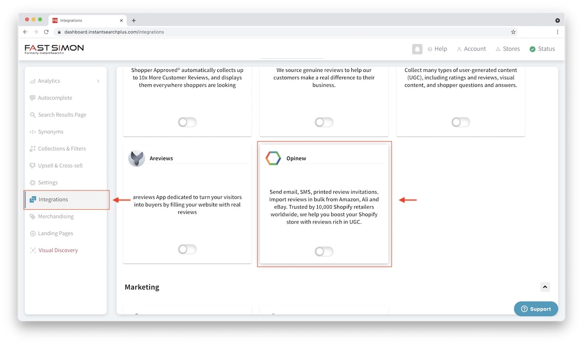 How to integrate with Fast Simon - Opinew Help